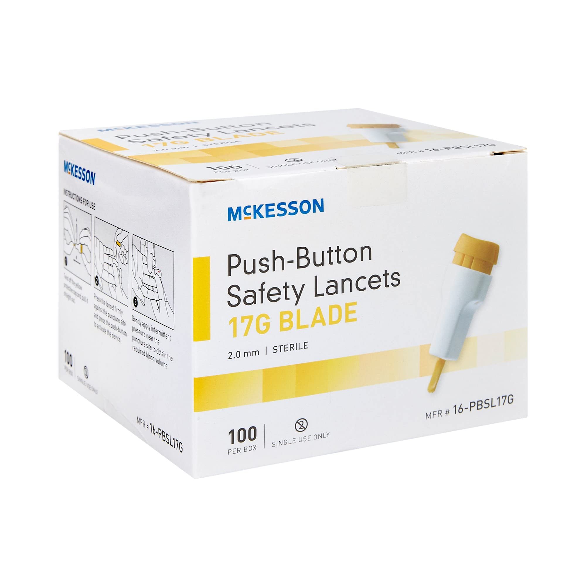 McKesson Safety Lancets, Sterile, Push-Button, 17 Gauge Blade, 2 mm, 100 Count, 1 Pack