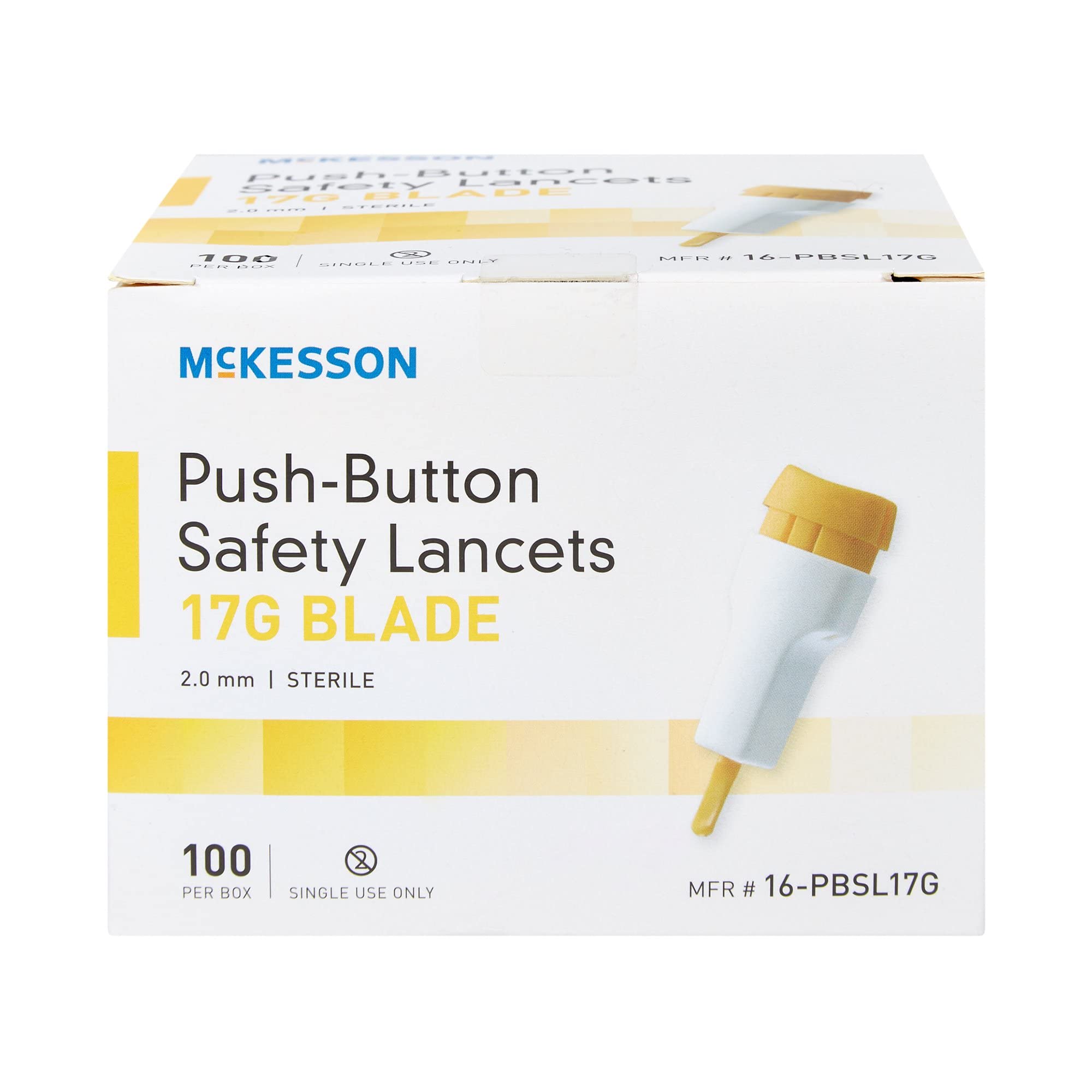 McKesson Safety Lancets, Sterile, Push-Button, 17 Gauge Blade, 2 mm, 100 Count, 1 Pack