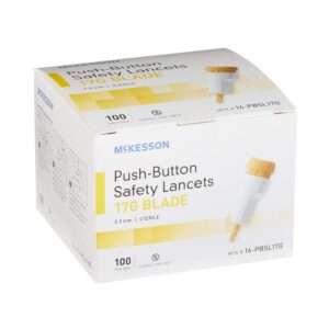 McKesson Safety Lancets, Sterile, Push-Button, 17 Gauge Blade, 2 mm, 100 Count, 1 Pack