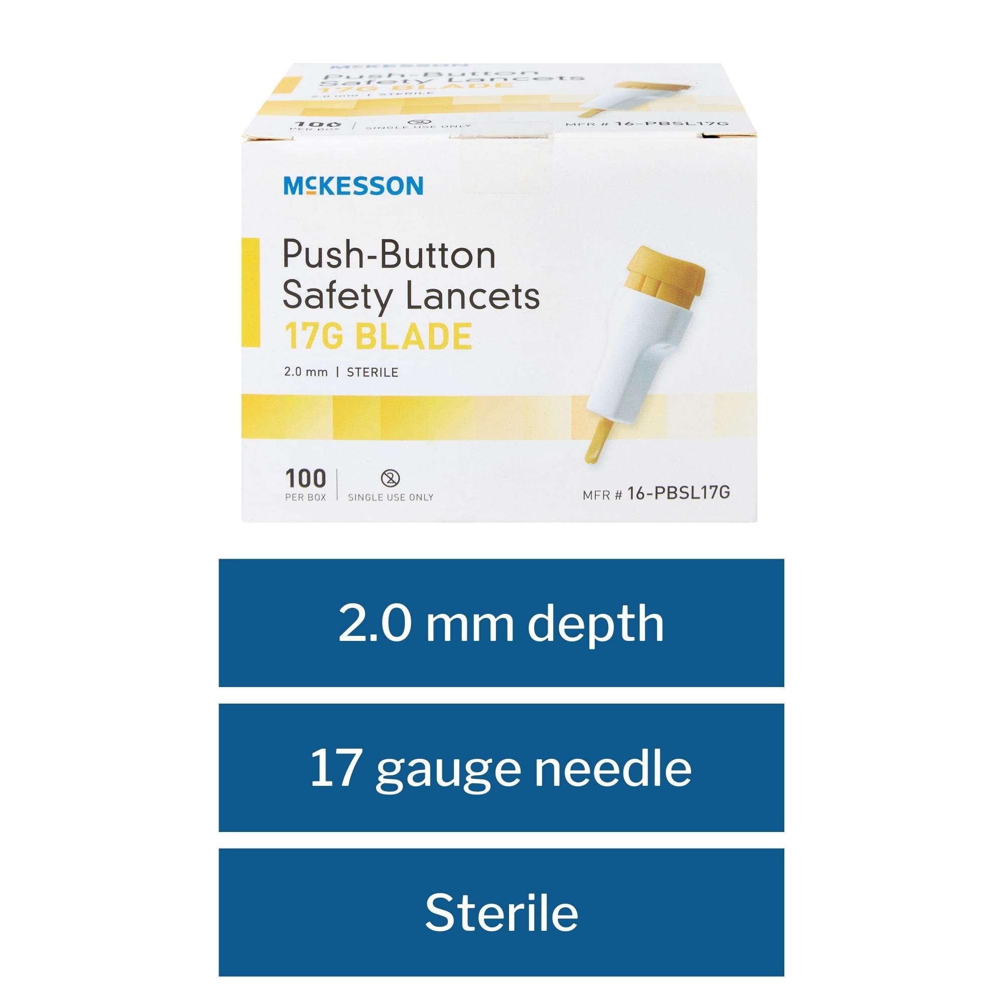 McKesson Safety Lancets, Sterile, Push-Button, 17 Gauge Blade, 2 mm, 100 Count, 1 Pack