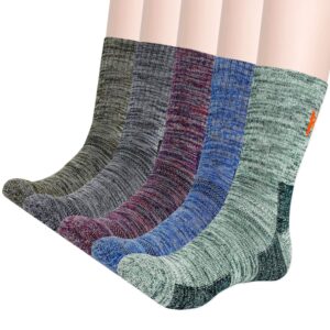 kony men's cotton hiking socks, 5 pairs moisture wicking thick cushioned walking mid crew socks, size 8-12(mix-1, medium)