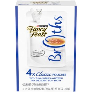 purina fancy feast broths with tuna, shrimp & whitefish wet cat food complement variety pack, 1.4 oz., count of 4