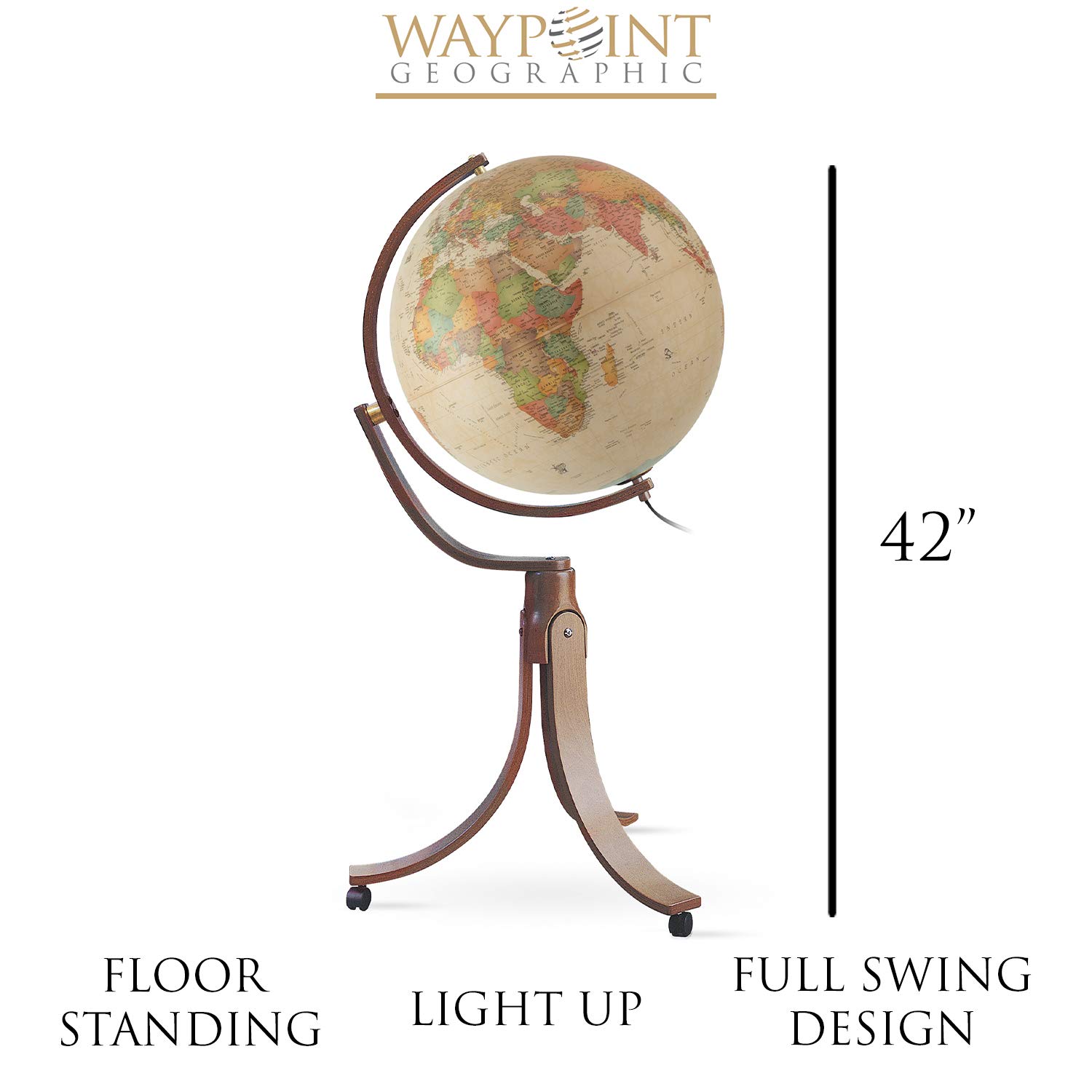 Waypoint Geographic Emily Globe, 20” Illuminated Decorative Globe, Floor-Standing World Globe For Library or Office Decor, Antique