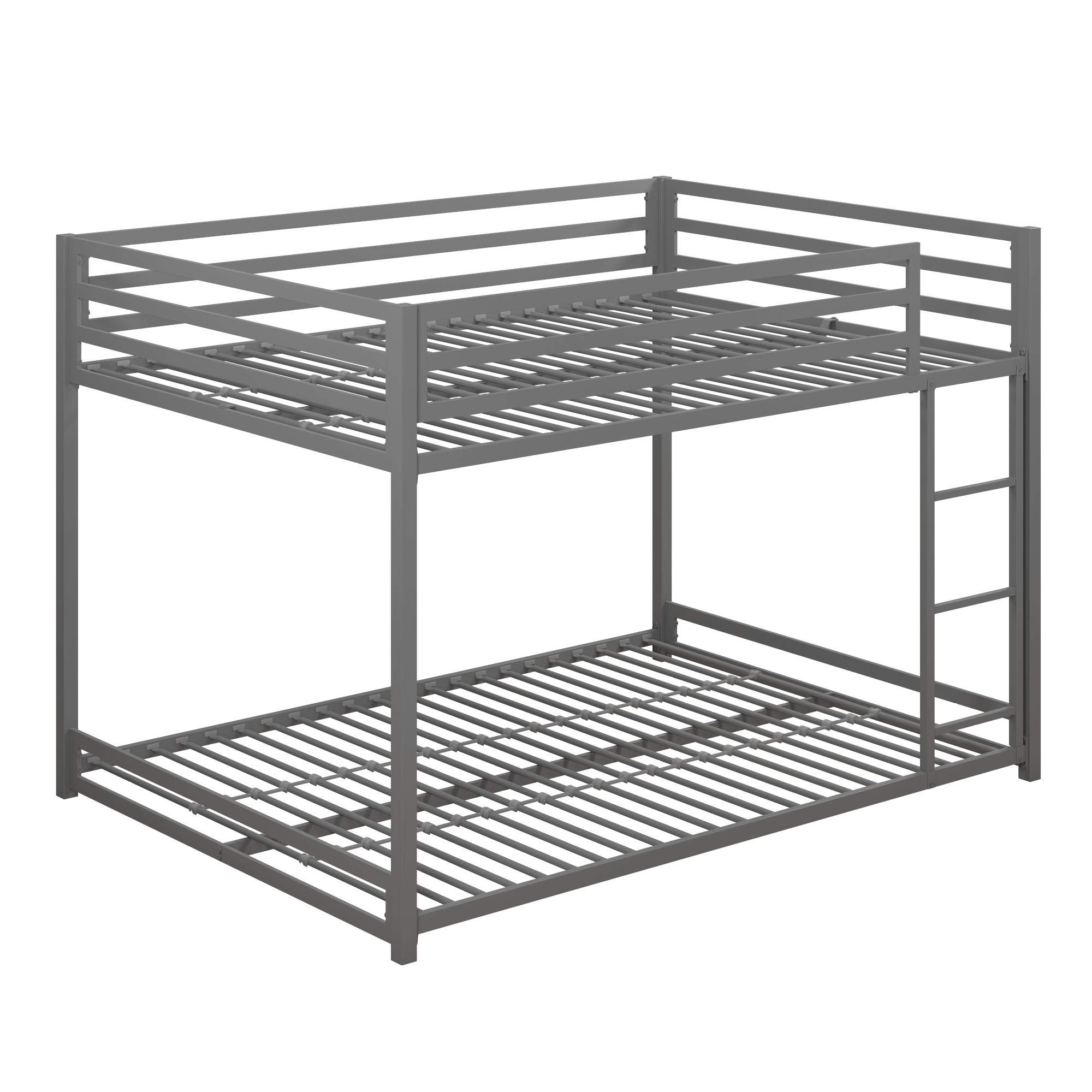 DHP Miles Low Metal Bunk Bed Frame for Kids, With Built-in Ladder, High Guardrail and Metal Slats, Floor Bed Bottom Bunk, No Boxspring Required, For Small Spaces, Full-Over-Full, Silver