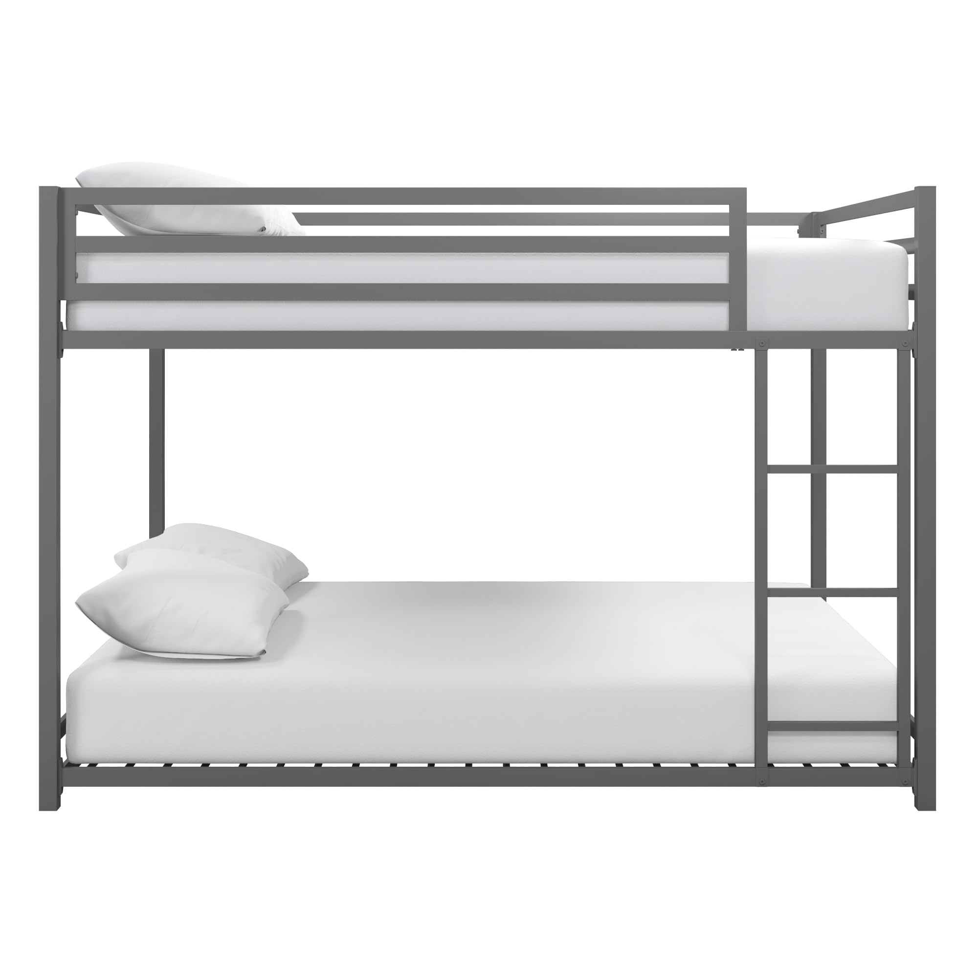 DHP Miles Low Metal Bunk Bed Frame for Kids, With Built-in Ladder, High Guardrail and Metal Slats, Floor Bed Bottom Bunk, No Boxspring Required, For Small Spaces, Full-Over-Full, Silver