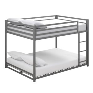 DHP Miles Low Metal Bunk Bed Frame for Kids, With Built-in Ladder, High Guardrail and Metal Slats, Floor Bed Bottom Bunk, No Boxspring Required, For Small Spaces, Full-Over-Full, Silver