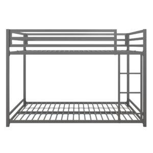 DHP Miles Low Metal Bunk Bed Frame for Kids, With Built-in Ladder, High Guardrail and Metal Slats, Floor Bed Bottom Bunk, No Boxspring Required, For Small Spaces, Full-Over-Full, Silver