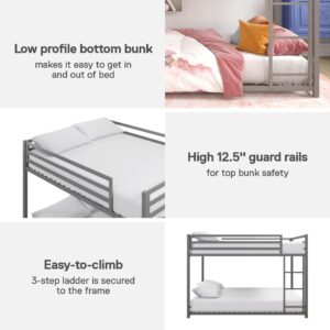 DHP Miles Low Metal Bunk Bed Frame for Kids, With Built-in Ladder, High Guardrail and Metal Slats, Floor Bed Bottom Bunk, No Boxspring Required, For Small Spaces, Full-Over-Full, Silver