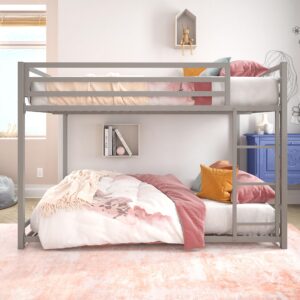 DHP Miles Low Metal Bunk Bed Frame for Kids, With Built-in Ladder, High Guardrail and Metal Slats, Floor Bed Bottom Bunk, No Boxspring Required, For Small Spaces, Full-Over-Full, Silver