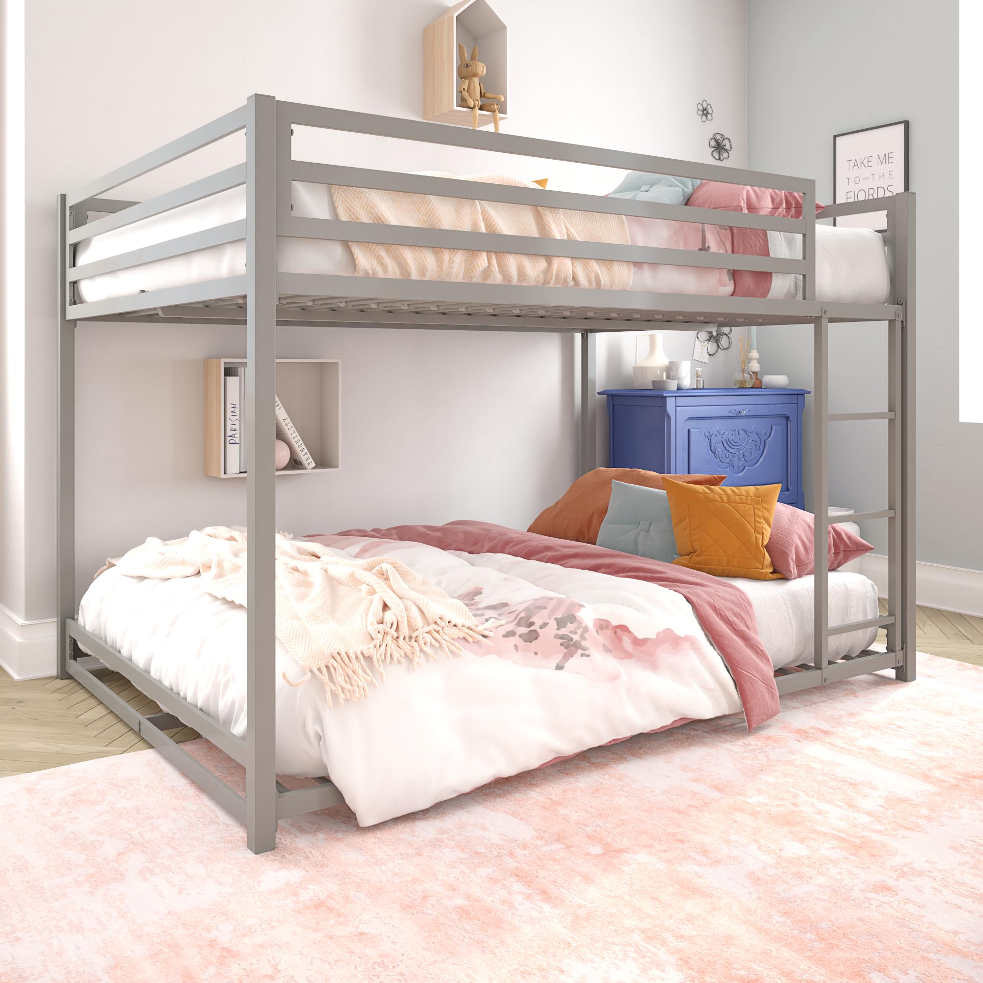 DHP Miles Low Metal Bunk Bed Frame for Kids, With Built-in Ladder, High Guardrail and Metal Slats, Floor Bed Bottom Bunk, No Boxspring Required, For Small Spaces, Full-Over-Full, Silver