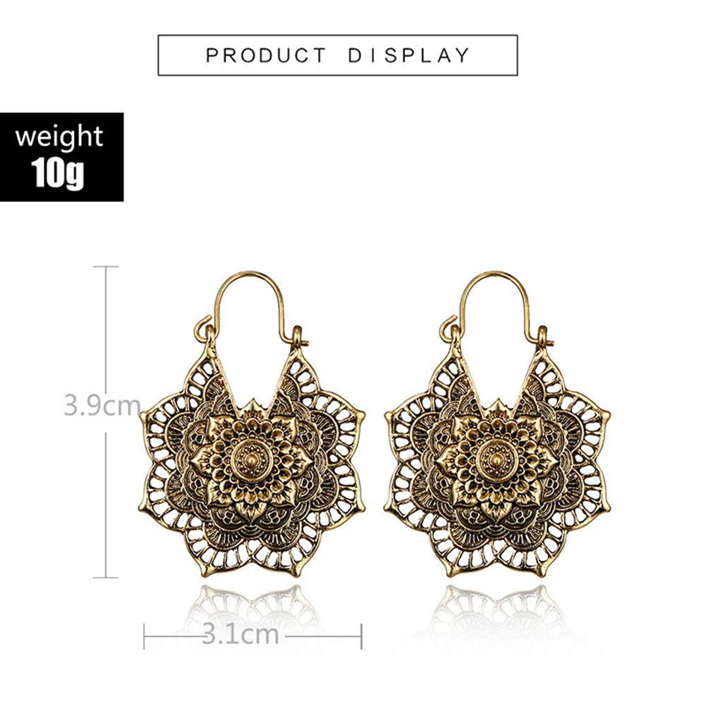 Hithop Vintage Mandala Flower Drop Dangle Earring for Women Tribal Hollow Floral Pendant Earrings (Silver)