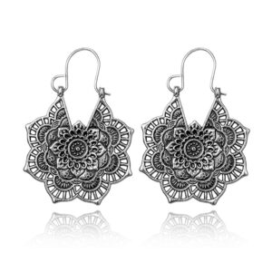 hithop vintage mandala flower drop dangle earring for women tribal hollow floral pendant earrings (silver)