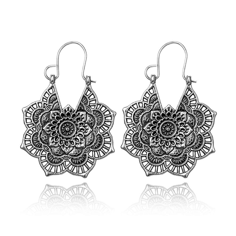 Hithop Vintage Mandala Flower Drop Dangle Earring for Women Tribal Hollow Floral Pendant Earrings (Silver)