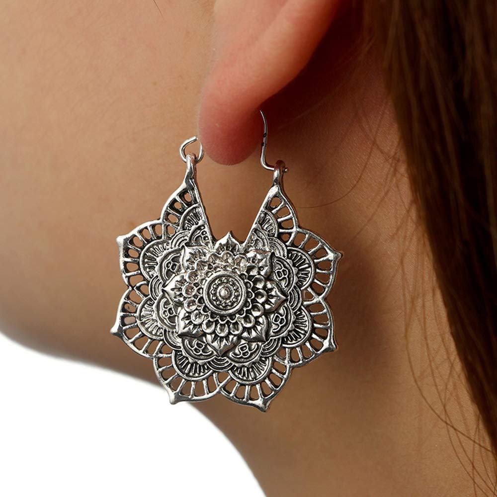 Hithop Vintage Mandala Flower Drop Dangle Earring for Women Tribal Hollow Floral Pendant Earrings (Silver)