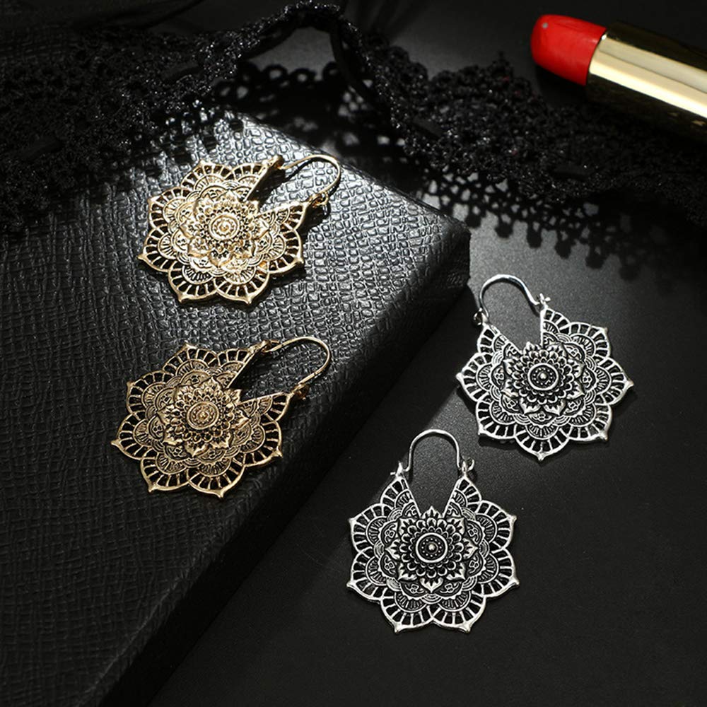 Hithop Vintage Mandala Flower Drop Dangle Earring for Women Tribal Hollow Floral Pendant Earrings (Silver)