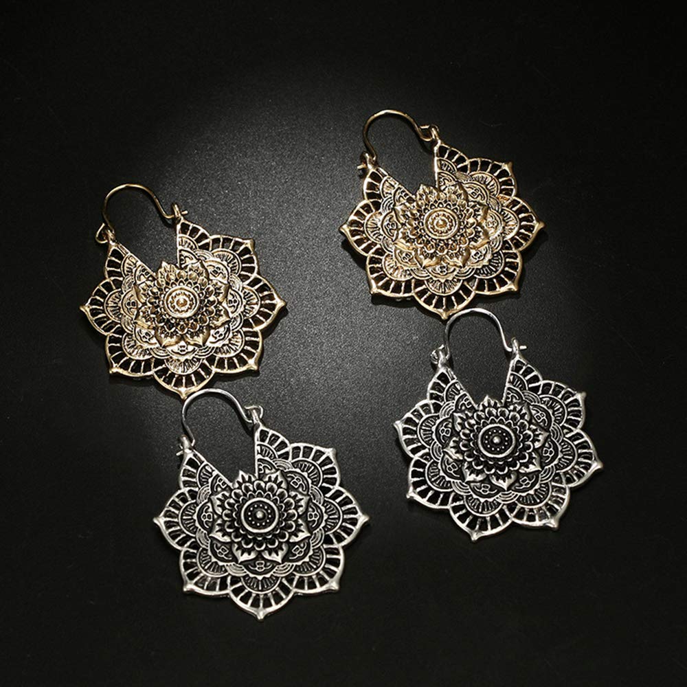 Hithop Vintage Mandala Flower Drop Dangle Earring for Women Tribal Hollow Floral Pendant Earrings (Silver)