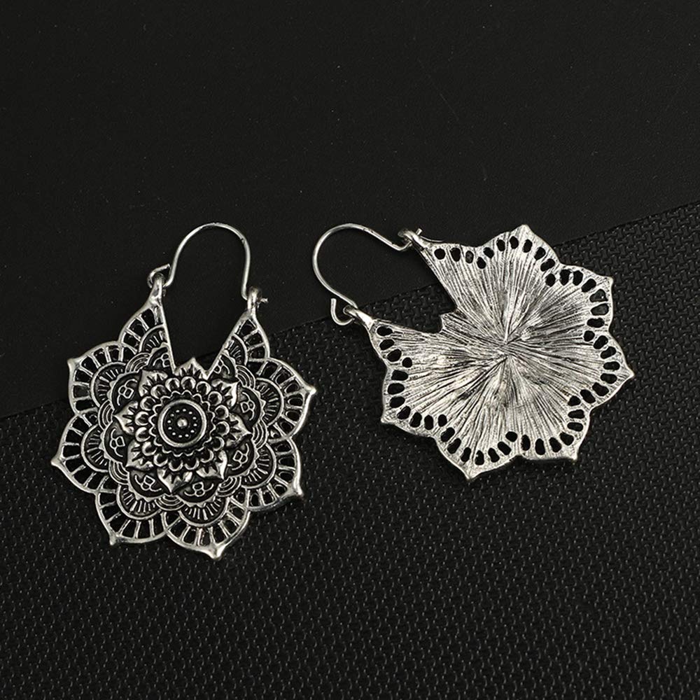 Hithop Vintage Mandala Flower Drop Dangle Earring for Women Tribal Hollow Floral Pendant Earrings (Silver)