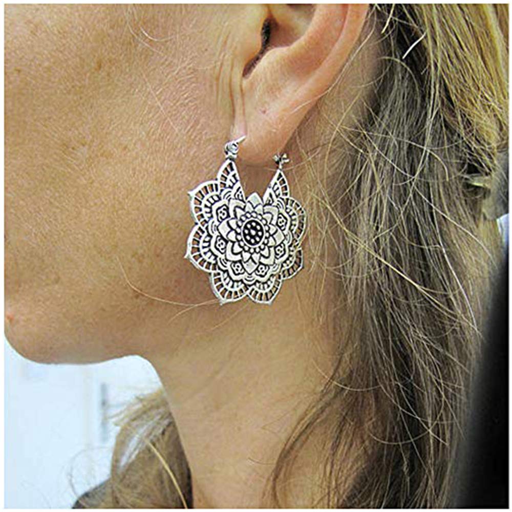 Hithop Vintage Mandala Flower Drop Dangle Earring for Women Tribal Hollow Floral Pendant Earrings (Silver)