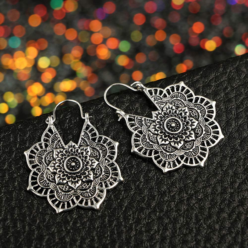 Hithop Vintage Mandala Flower Drop Dangle Earring for Women Tribal Hollow Floral Pendant Earrings (Silver)