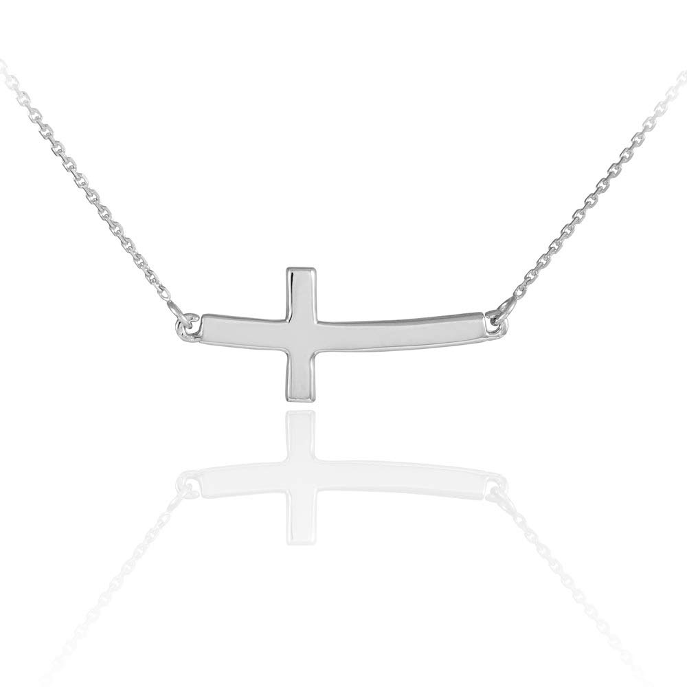 14K White Gold Sideways Curved Cross Necklace - 16" Rolo Chain