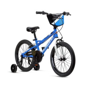 schwinn koen & elm bmx style toddler and kids bike, for girls and boys, 18-inch wheels, with training wheels, chain guard, and number plate, recommended height 42-52 inch, blue