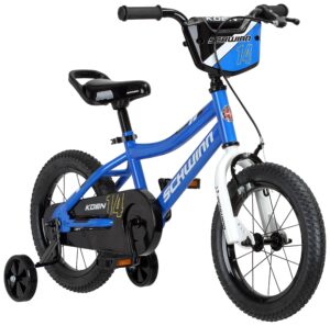 schwinn koen & elm bmx style toddler and kids bike, for girls and boys, 14-inch wheels, with saddle handle, training wheels, chain guard, and number plate, recommended height 36-40 inch, blue