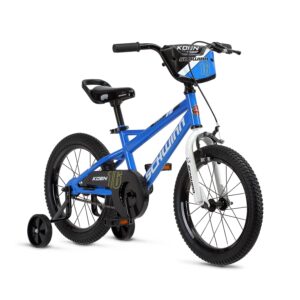 schwinn koen & elm bmx style toddler and kids bike, for girls and boys, 16-inch wheels, with saddle handle, training wheels, chain guard, and number plate, recommended height 38-48 inch, blue