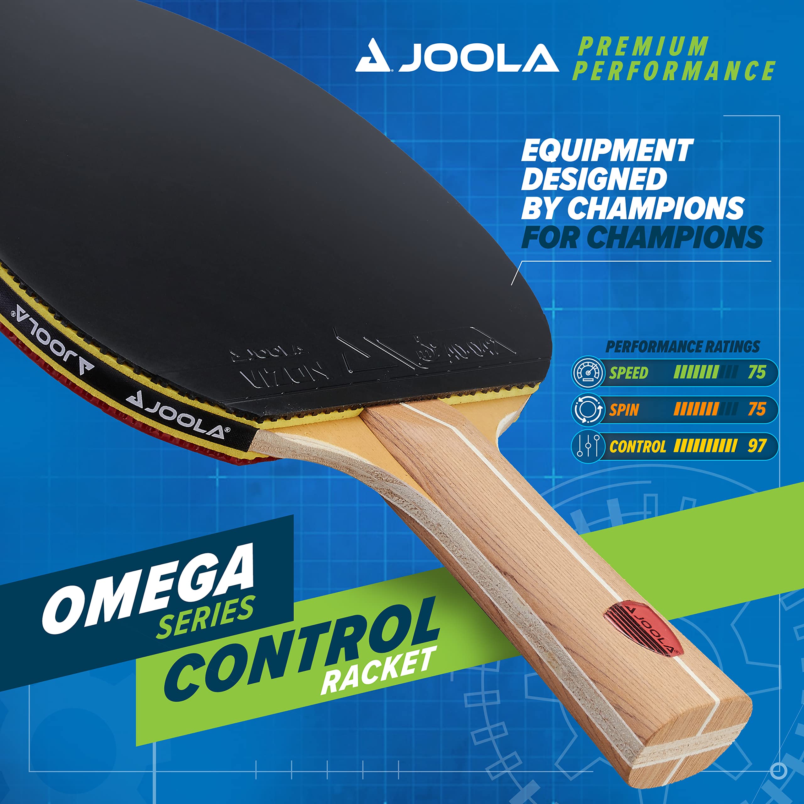 JOOLA Omega Control - Tournament Performance Ping Pong Paddle - Table Tennis Racket for Advanced Training with Flared Handle - Includes Vizon Table Tennis Rubber - Designed for Control