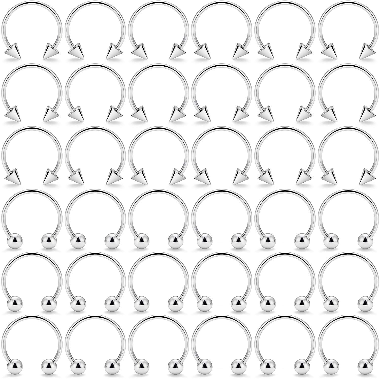 Ftovosyo 36PCS 20G Nose Hoop Rings Surgical Steel Septum Ring Tragus Cartilage Helix Hoop Earrings Lip Horseshoe Barbell Piercing Jewelry for Women Men Silver-tone with Ball Spike 8mm