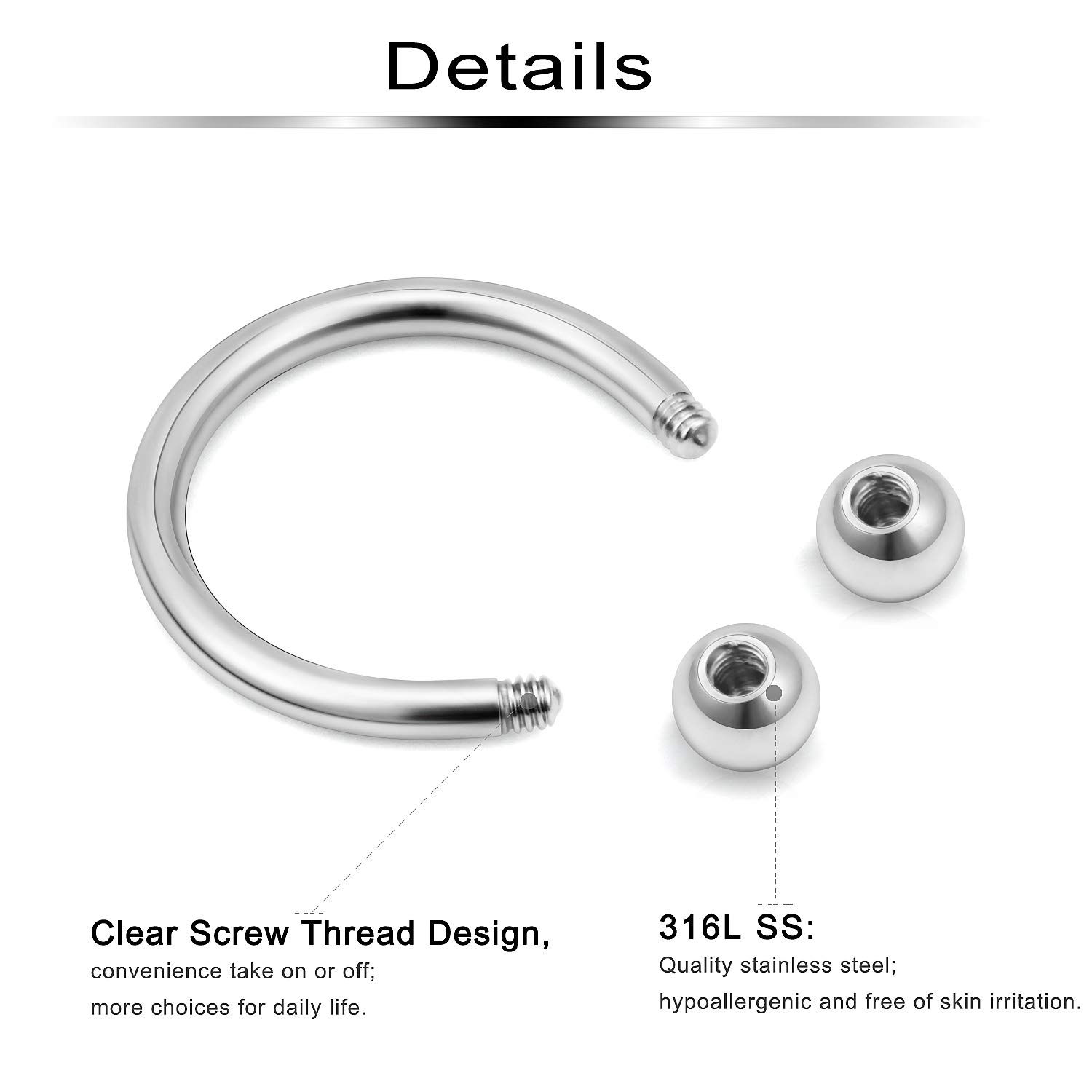 Ftovosyo 36PCS 20G Nose Hoop Rings Surgical Steel Septum Ring Tragus Cartilage Helix Hoop Earrings Lip Horseshoe Barbell Piercing Jewelry for Women Men Silver-tone with Ball Spike 8mm