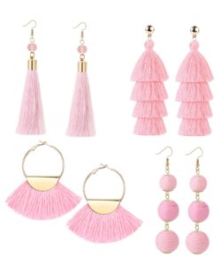 loyallook pink tassel earrings for women fan shape tassel earrings long thread tassel earrings bohemian fringe drop handmade earrings tassel earrings set for women dangling