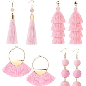 LOYALLOOK Pink Tassel Earrings For Women Fan Shape Tassel Earrings Long Thread Tassel Earrings Bohemian Fringe Drop Handmade Earrings Tassel Earrings Set for Women Dangling