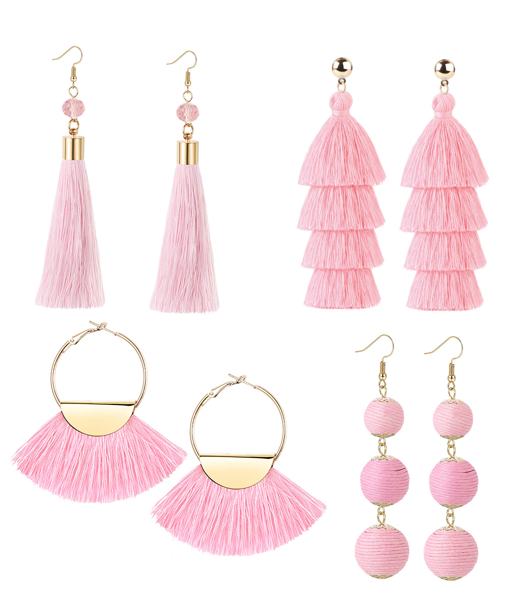 LOYALLOOK Pink Tassel Earrings For Women Fan Shape Tassel Earrings Long Thread Tassel Earrings Bohemian Fringe Drop Handmade Earrings Tassel Earrings Set for Women Dangling