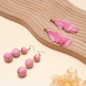 LOYALLOOK Pink Tassel Earrings For Women Fan Shape Tassel Earrings Long Thread Tassel Earrings Bohemian Fringe Drop Handmade Earrings Tassel Earrings Set for Women Dangling