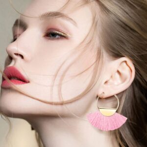 LOYALLOOK Pink Tassel Earrings For Women Fan Shape Tassel Earrings Long Thread Tassel Earrings Bohemian Fringe Drop Handmade Earrings Tassel Earrings Set for Women Dangling