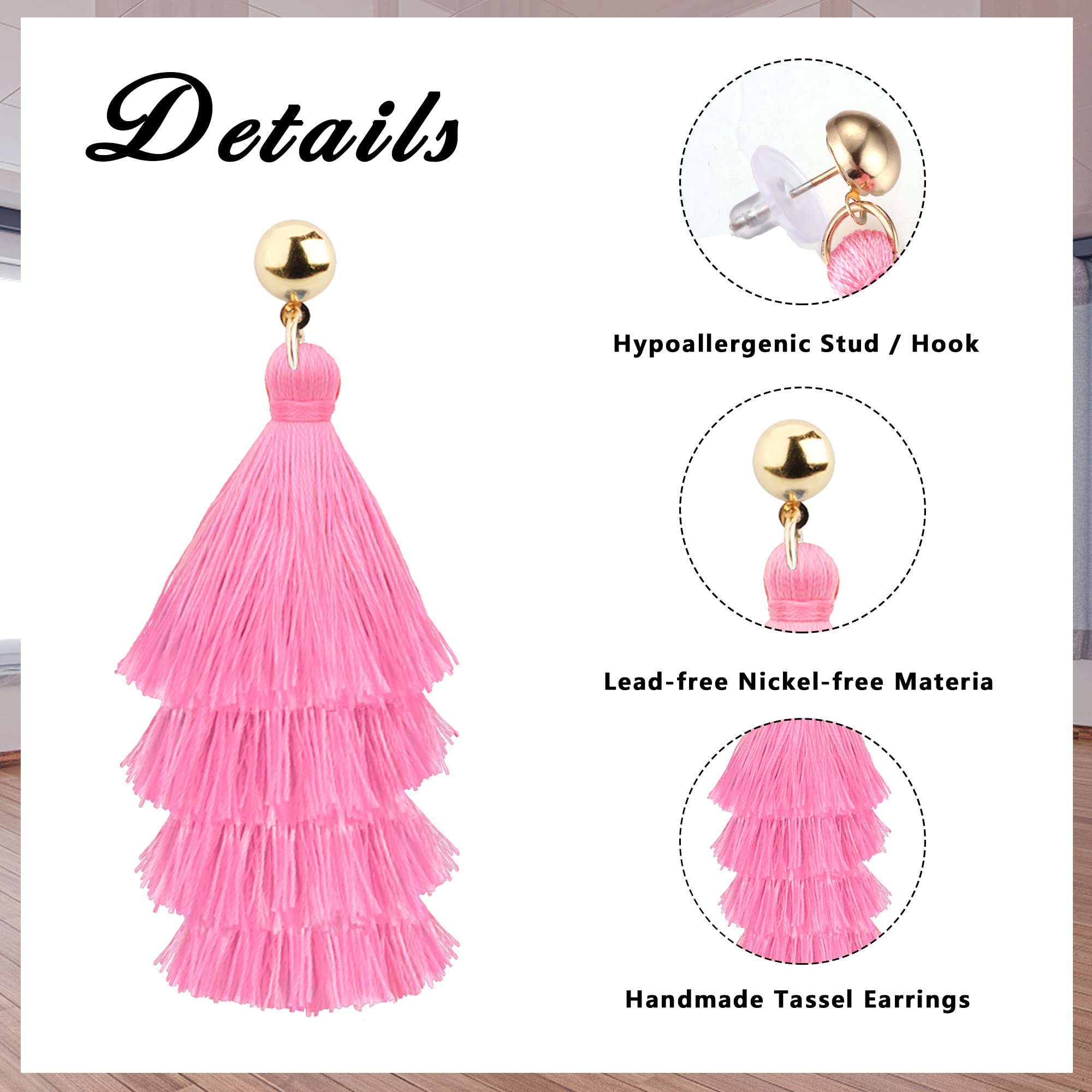 LOYALLOOK Pink Tassel Earrings For Women Fan Shape Tassel Earrings Long Thread Tassel Earrings Bohemian Fringe Drop Handmade Earrings Tassel Earrings Set for Women Dangling