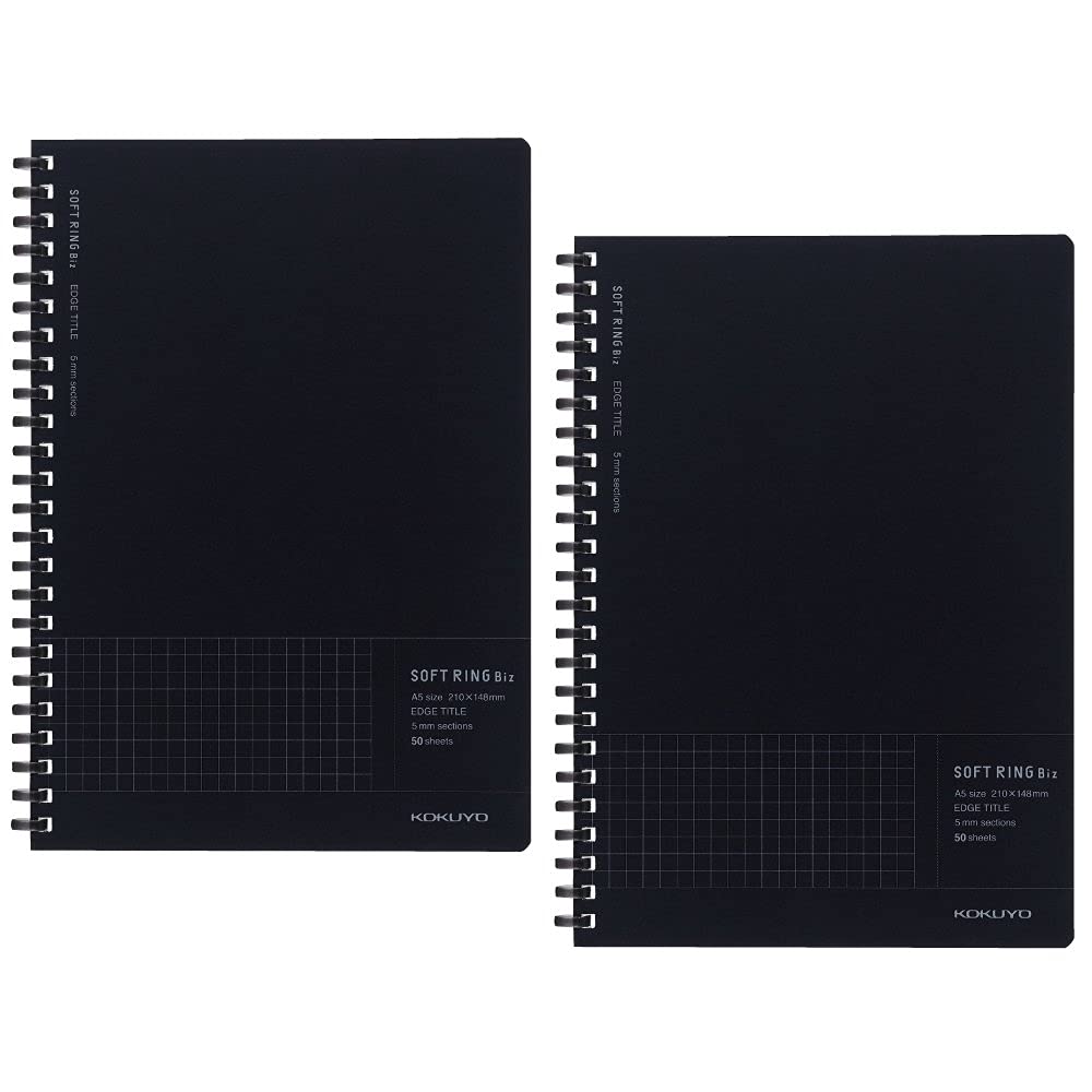 KOKUYO Soft Ring Notebook Biz - A5-50 sheets - 5 mm Grid - Black (Pack of 2)