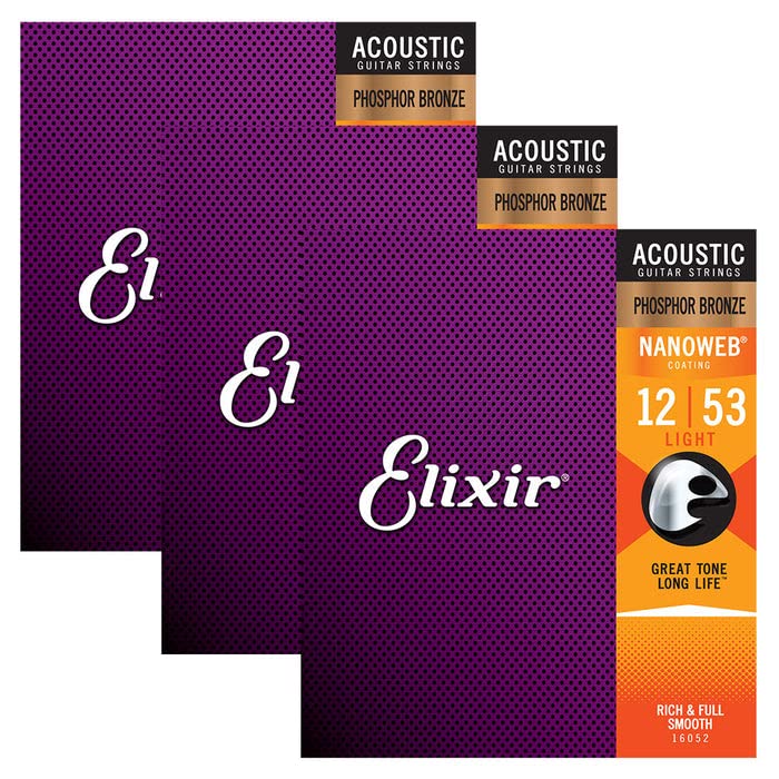 Elixir 16052 Acoustic Phosphor Bronze Nano Light 12-53 (3 Pack Bundle)