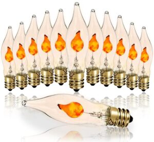 maotopcom 12 pack flicker flame light bulbs, crystal clear, e12 candelabra base replacement bulbs for electric window candles, indoor/outdoor string lights, 3 watt, 110 volts