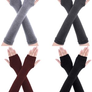 Bememo 4 Pairs Arm Warmer Fingerless Gloves for Women Long Arm Sleeves Knitted Elbow Length Gloves Gothic Thumb Hole Gloves (Black, Light Grey, Dark Grey, Coffee)