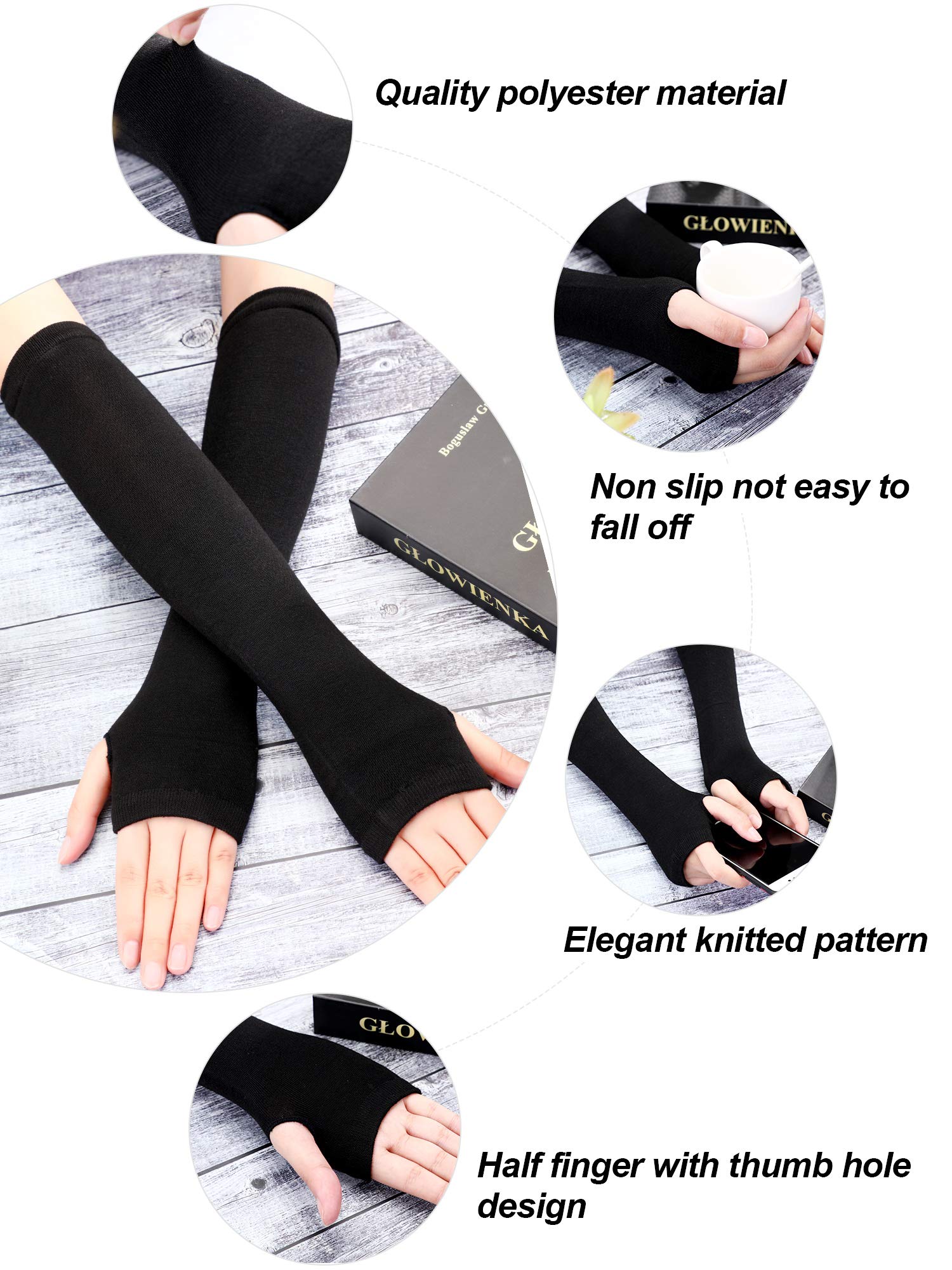 Bememo 4 Pairs Arm Warmer Fingerless Gloves for Women Long Arm Sleeves Knitted Elbow Length Gloves Gothic Thumb Hole Gloves (Black, Light Grey, Dark Grey, Coffee)