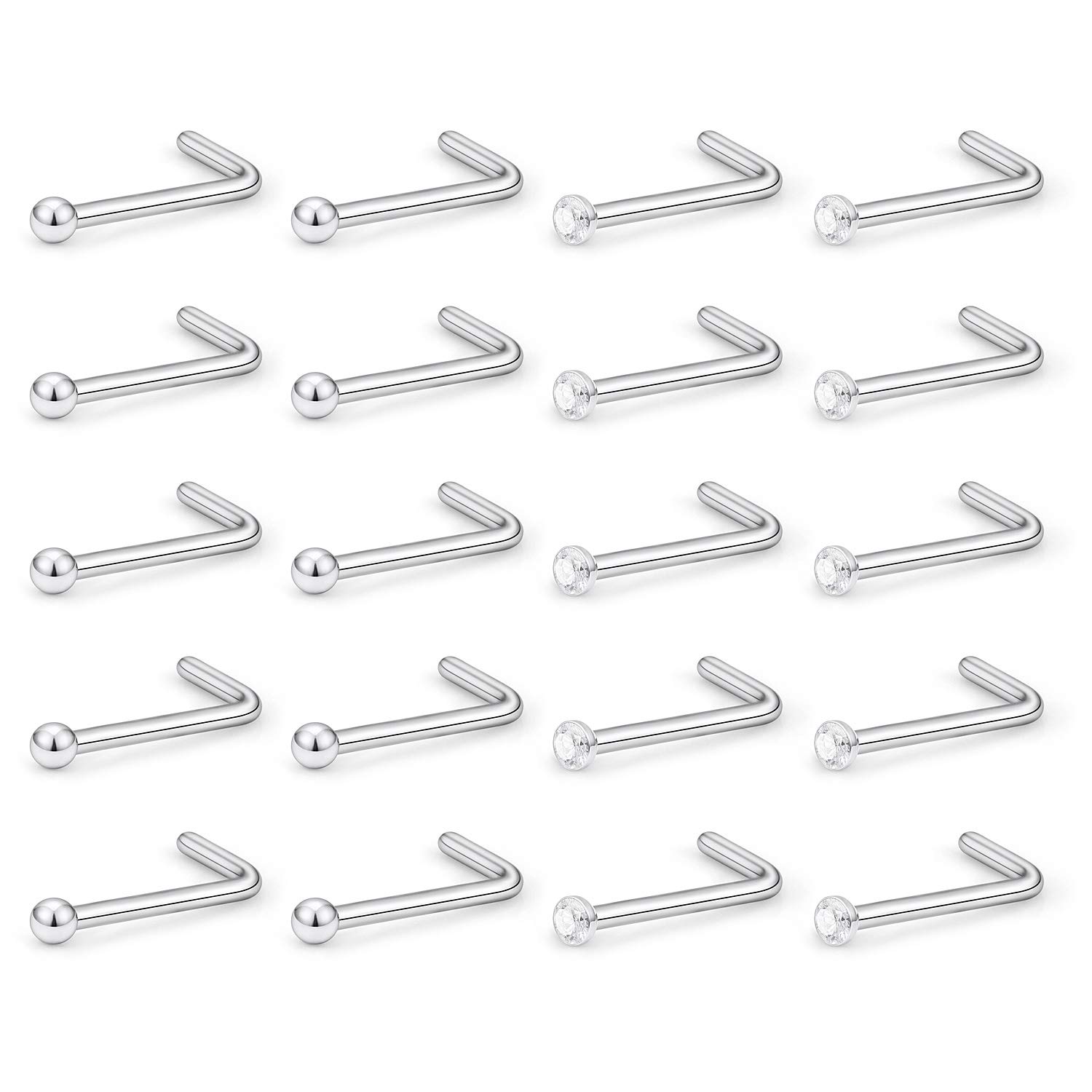 Ftovosyo 20Pcs Surgical Steel Clear Diamond CZ Micro Nose Stud Nostril Ring L-Shaped Pin 18 Gauge for Women Men 1.5mm