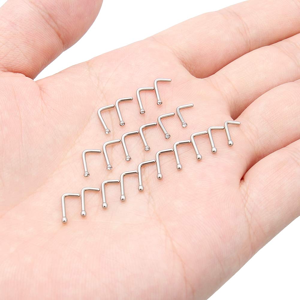 Ftovosyo 20Pcs Surgical Steel Clear Diamond CZ Micro Nose Stud Nostril Ring L-Shaped Pin 18 Gauge for Women Men 1.5mm