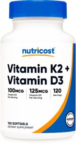 nutricost vitamin k2 (mk7) (100mcg) + vitamin d3 (5000 iu) 120 softgels - gluten free and non-gmo