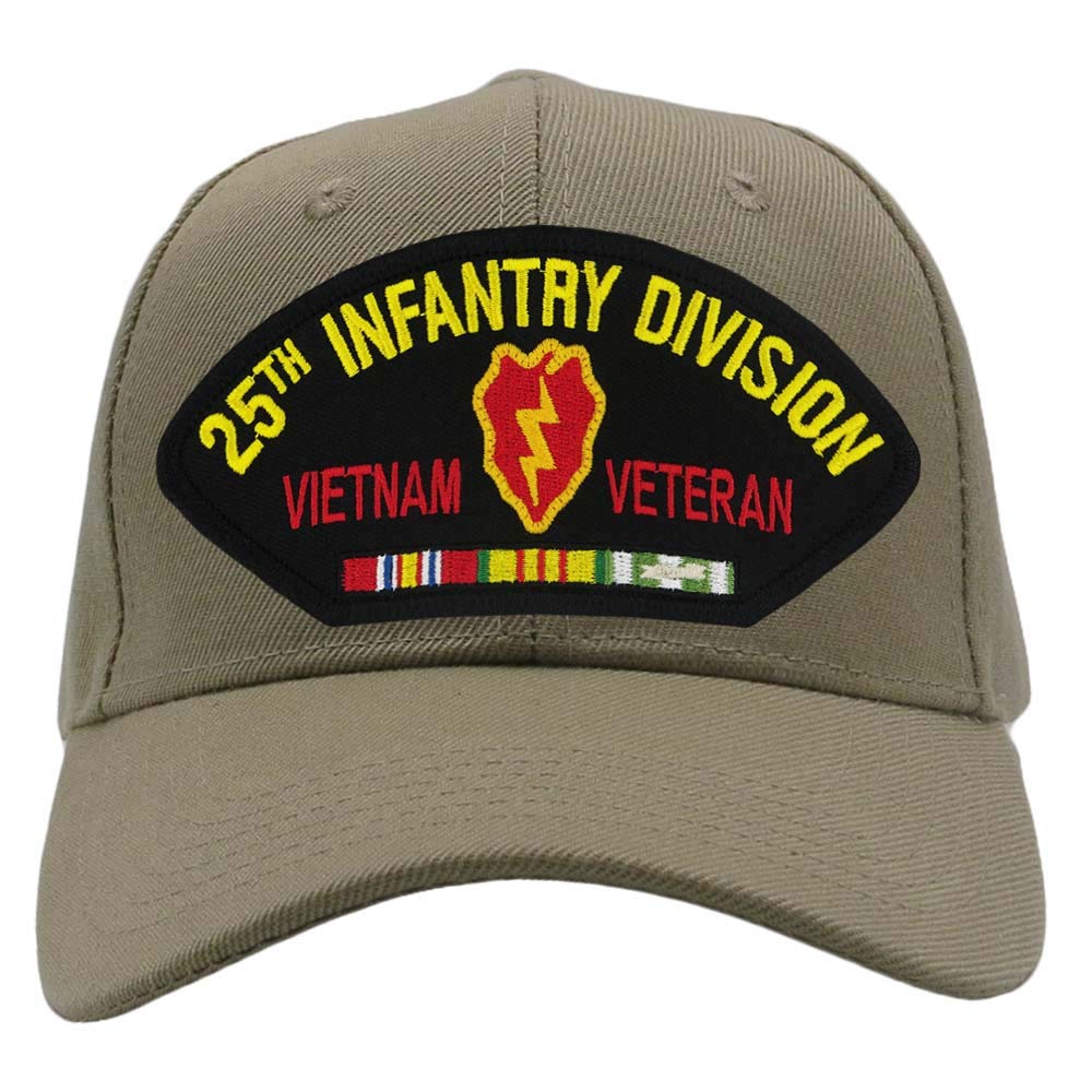 PATCHTOWN 25th Infantry Division - Vietnam Veteran Hat/Ballcap Adjustable One Size Fits Most (Tan/Khaki, Add American Flag)