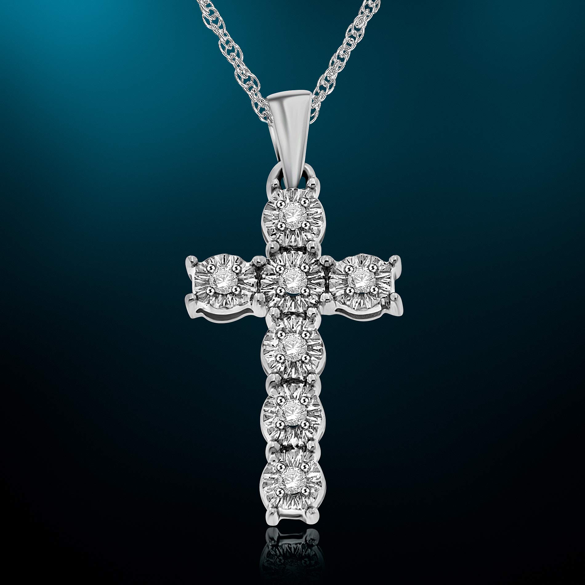 NATALIA DRAKE 1/10 Cttw Diamond Christian Cross Necklace for Women in Rhodium Plated 925 Sterling Silver Color J-K/Clarity I3