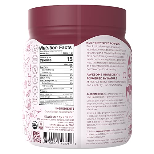 KOS Organic Beet Root Powder, USDA Certified - Natural Nitric Oxide Booster, Superfood for Stamina, Energy, Circulation - Non-GMO, Plant-Based, 90 Servings