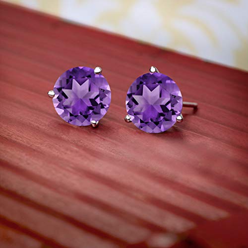 Gem Stone King 18K White Gold Purple Amethyst 3-Prong Martini Stud Earrings For Women (2.00 Cttw, Gemstone Birthstone, Round 6MM)