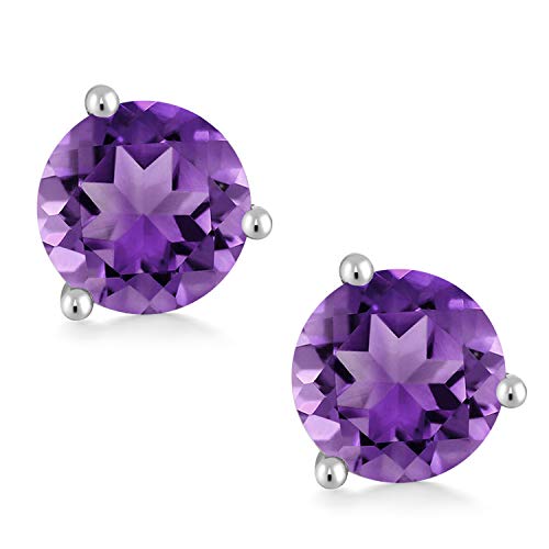 Gem Stone King 18K White Gold Purple Amethyst 3-Prong Martini Stud Earrings For Women (2.00 Cttw, Gemstone Birthstone, Round 6MM)