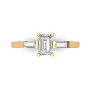 0.8 ct brilliant emerald cut clear simulated diamond 14k yellow gold three stone engagement promise bridal ring size 5.75